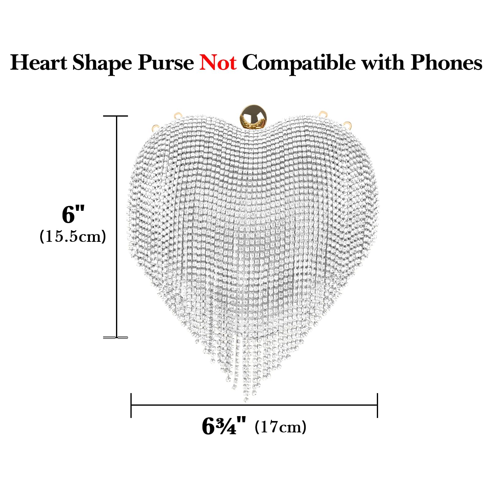 Women Heart Shape Crystal Tassel Evening Clutch Bag, Single-Sided Rhinestones Lady Party Wedding Crossbody Shoulder Ring Handle Handbag (Not Compatible with Phone) (Silver)