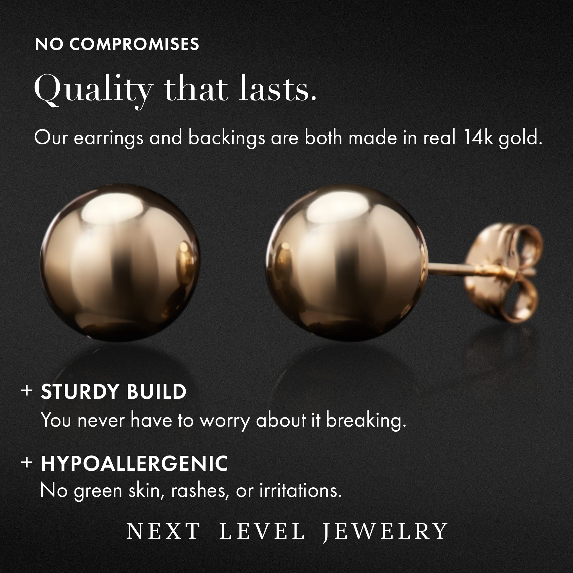 Next Level Jewelry 14K Yellow Gold Polished Ball Stud Earring, 3MM-8MM, Real Gold Post Earrings for Women