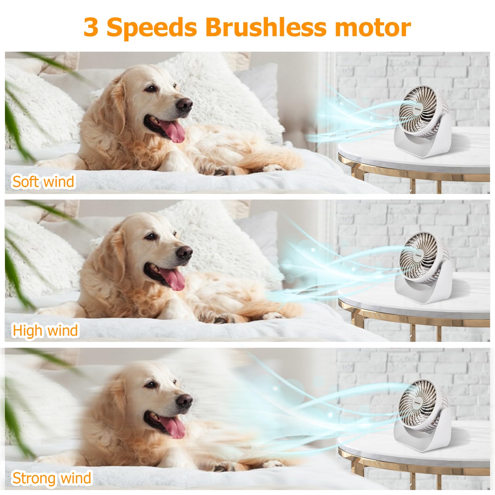 Desk Fan with Strong Airflow, 6.8 Inch Quiet Small Portable Table Fan, Brushless motor, 3 Speed Settings, 360° Adjustable Tilt Head, Rechargeable, Battery Powered Fan for Home or Office, Travel