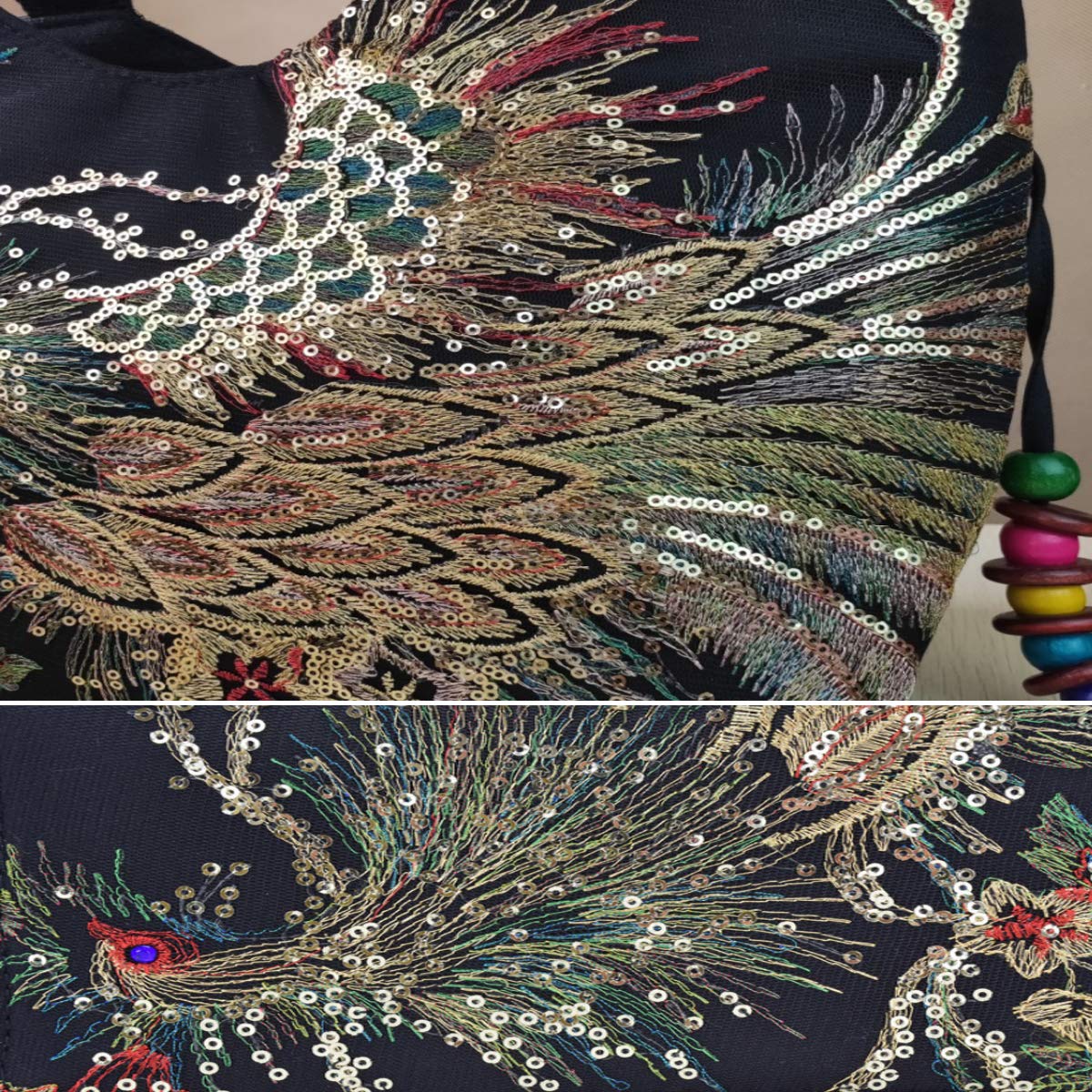 Women Vintage Sequins Peacock Handbag - Ethnic Embroidery with Pendants (black)