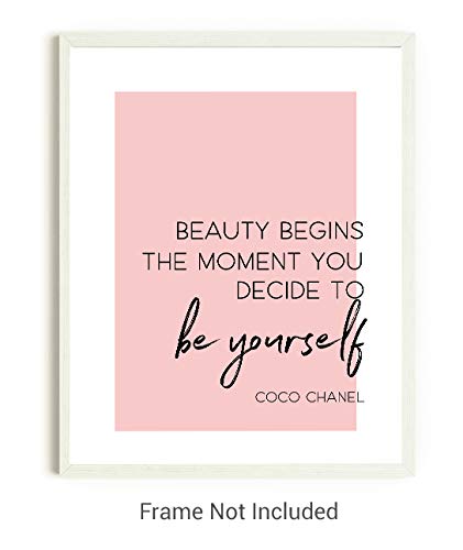 Coco Chanel Inspirational “Beauty Begins” Typography Word Wall Art - 11x14 UNFRAMED Pink, Black & White Print - Makes a Great Gift for Lovers of Minimalist, Fashion, Motivational Decor.