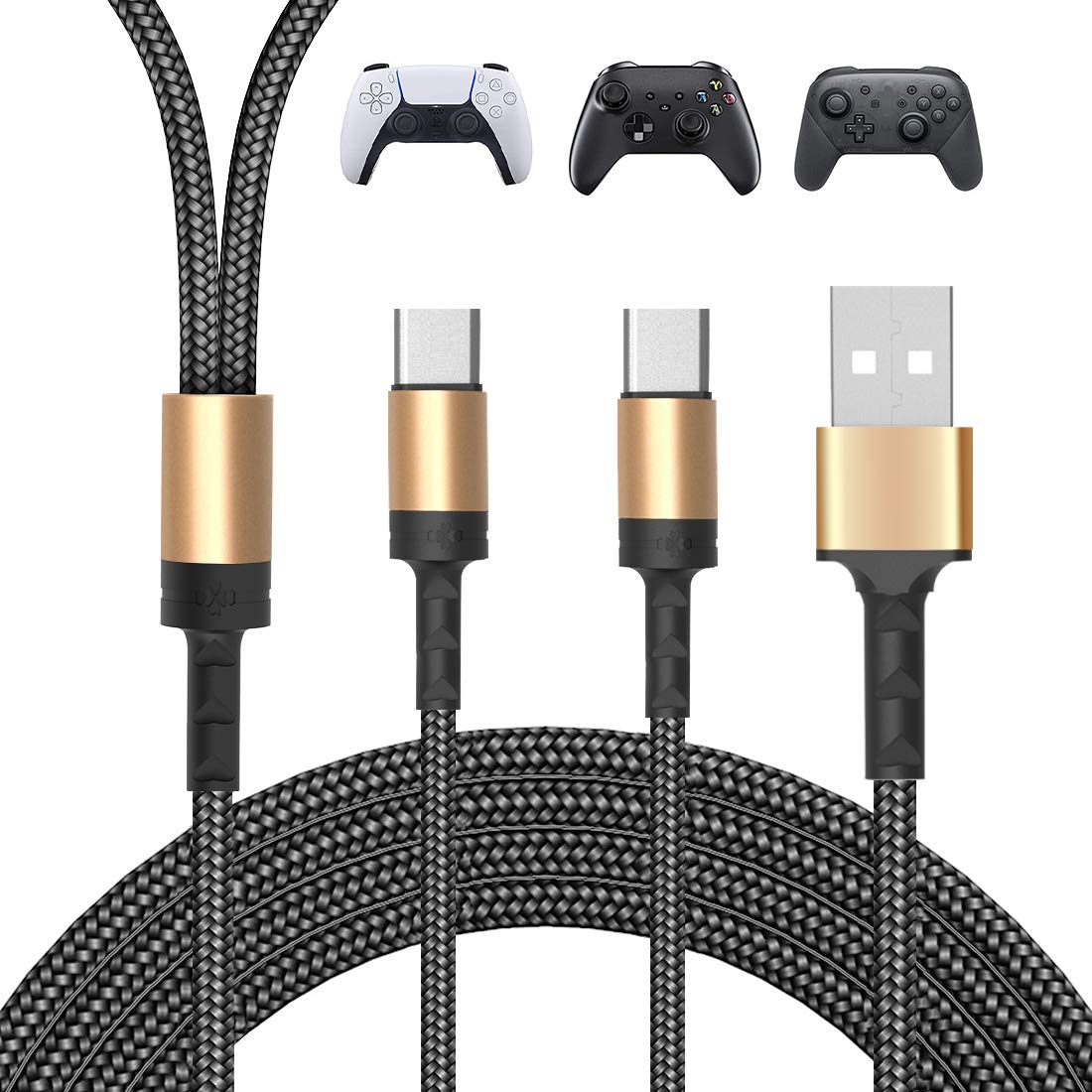 Nextpowerbox Dual Controller Charger Cable, Nylon Braided Y-Splitter USB-C Long Charging Cable, USB to Type C Fast Charging for PS5 DualSense/Xbox Series/Switch Pro Controller (6.6FT)