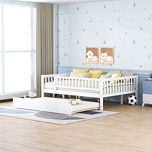 Vierniya Kid Bed with Fence and Trundle Full Size Trundle Bed with Rails, Wooden Toddler Daybed Montessori Bed for Boys Girls, White