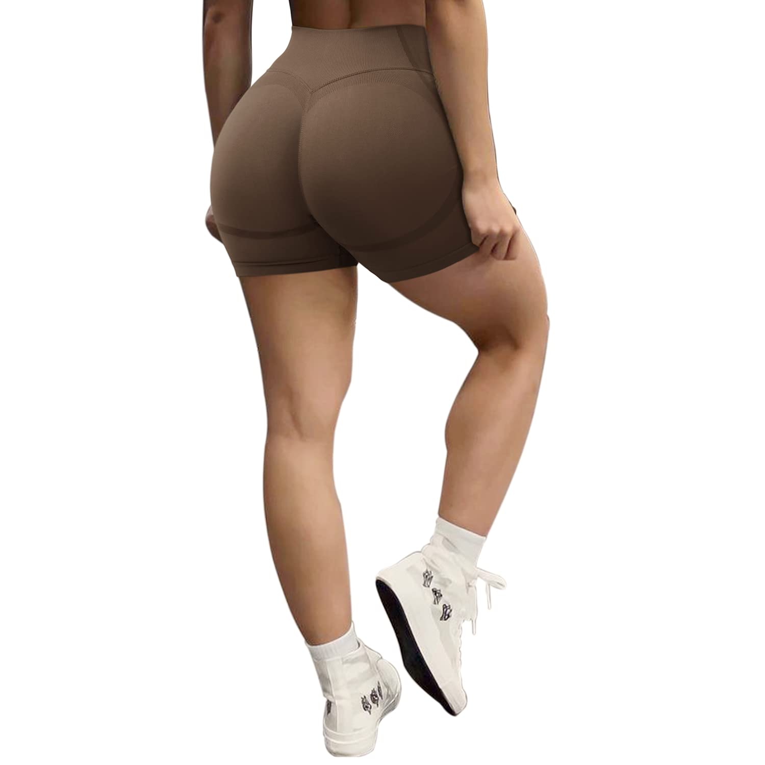DOULAFASS Seamless Workout Shorts Womens High Waisted Butt Lifting Yoga Shorts (Medium, 266-Coffee)