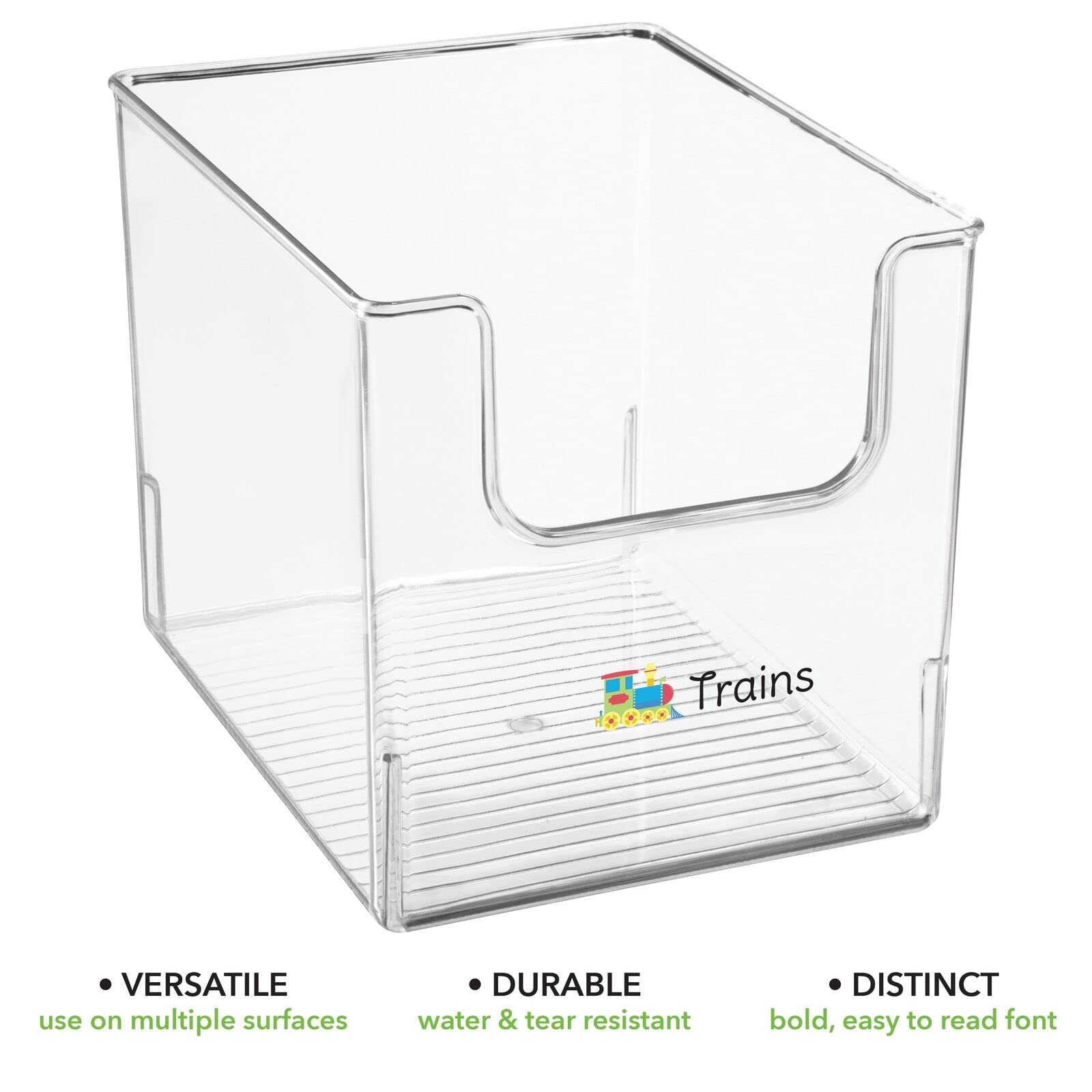 mDesign Open Front Plastic Toy Storage Organizer Bin with Labels - Container for Nursery, Kids Bedroom, Drawer, Dresser, or Playroom Closet - Ligne Collection - Includes 4 Bins + 24 Labels - Clear