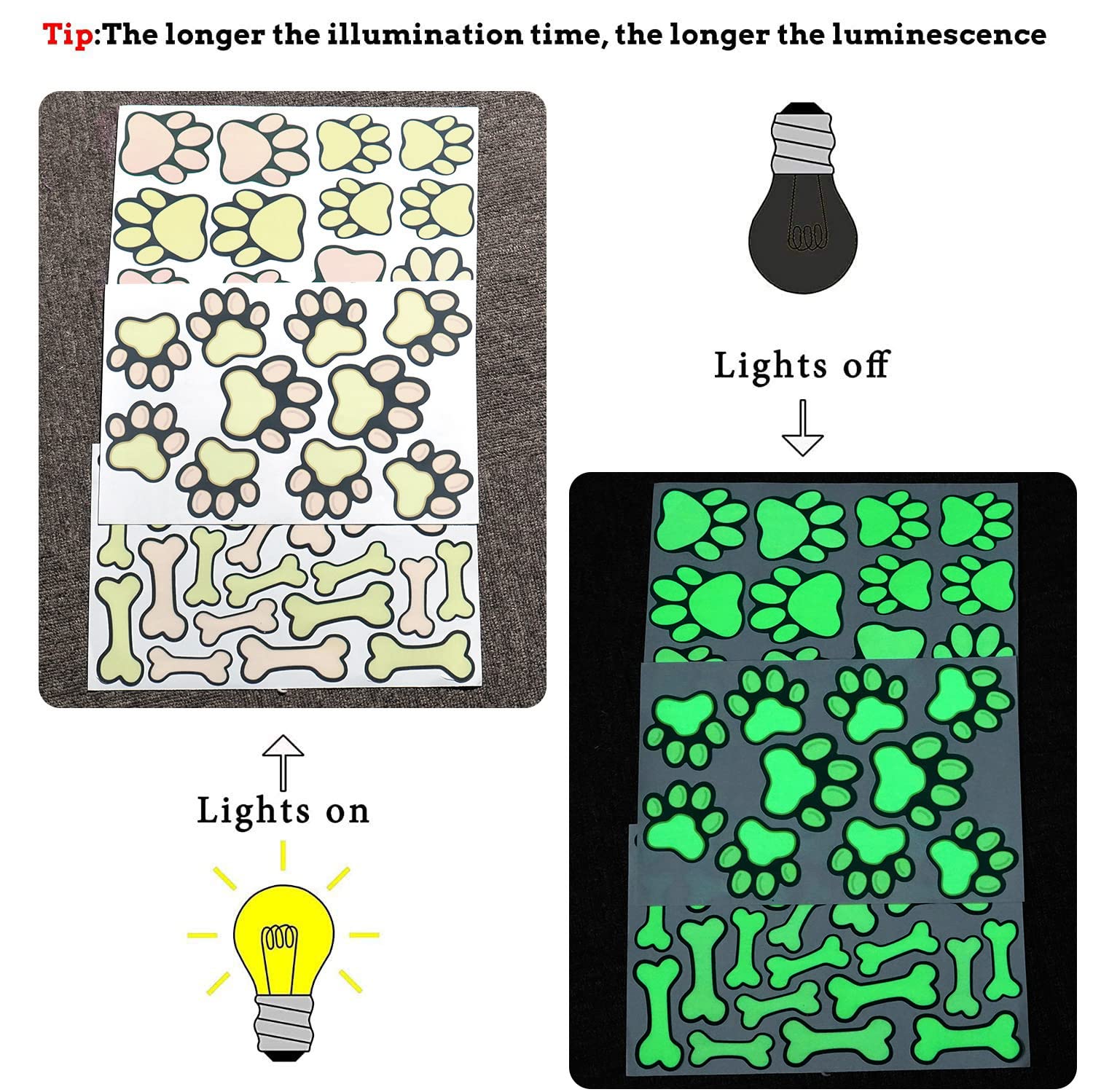 Marsway Cute Paw Decal Night Glow in The Dark Creative Luminous Decorative Stickers Kids Room Wall Decor (Paw Print + Bone)