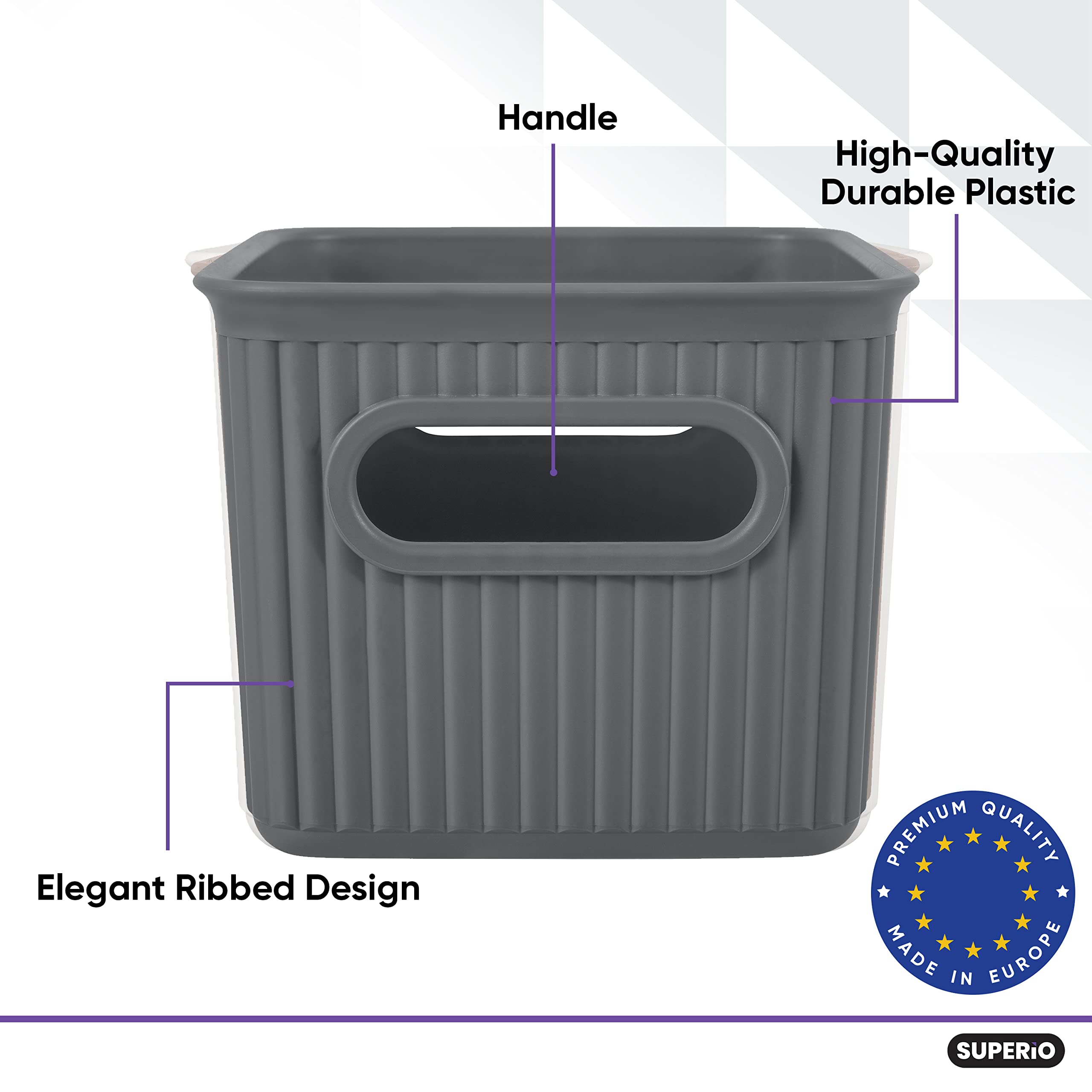 Superio Ribbed Collection - Decorative Plastic Open Home Storage Bins Organizer Baskets, Small Grey (2 Pack) Container Boxes for Organizing Closet Shelves Drawer Shelf 1.5 Liter