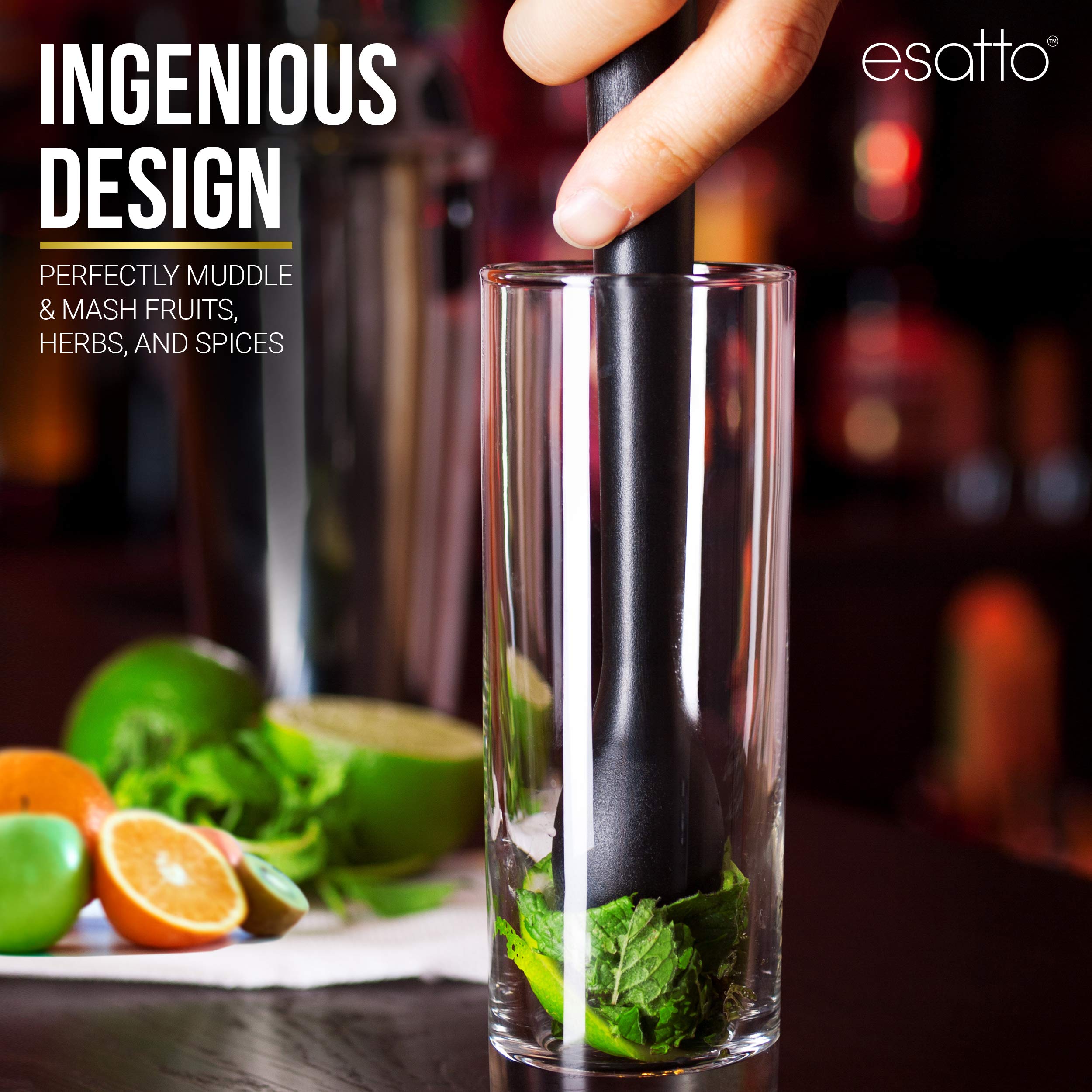Esatto Professional Bar Tool Muddler 25 CM (9 Inches) Ribbed β Made with ABS Plastic, Black Set of 2 β Durable and Ribbed for Mashing Fruits, Berries, Sugar, Spices, and Herbs