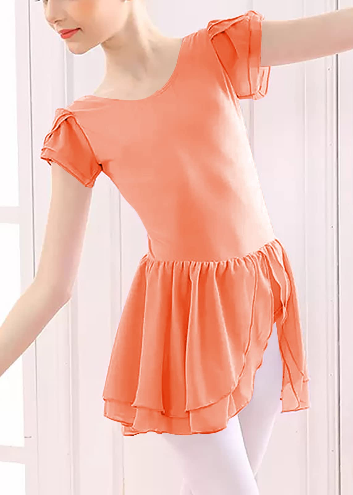 Coutgo Orange Dance Leotard for Girls Ruffle Sleeve Ballet Leotards Dancewear with Tutu