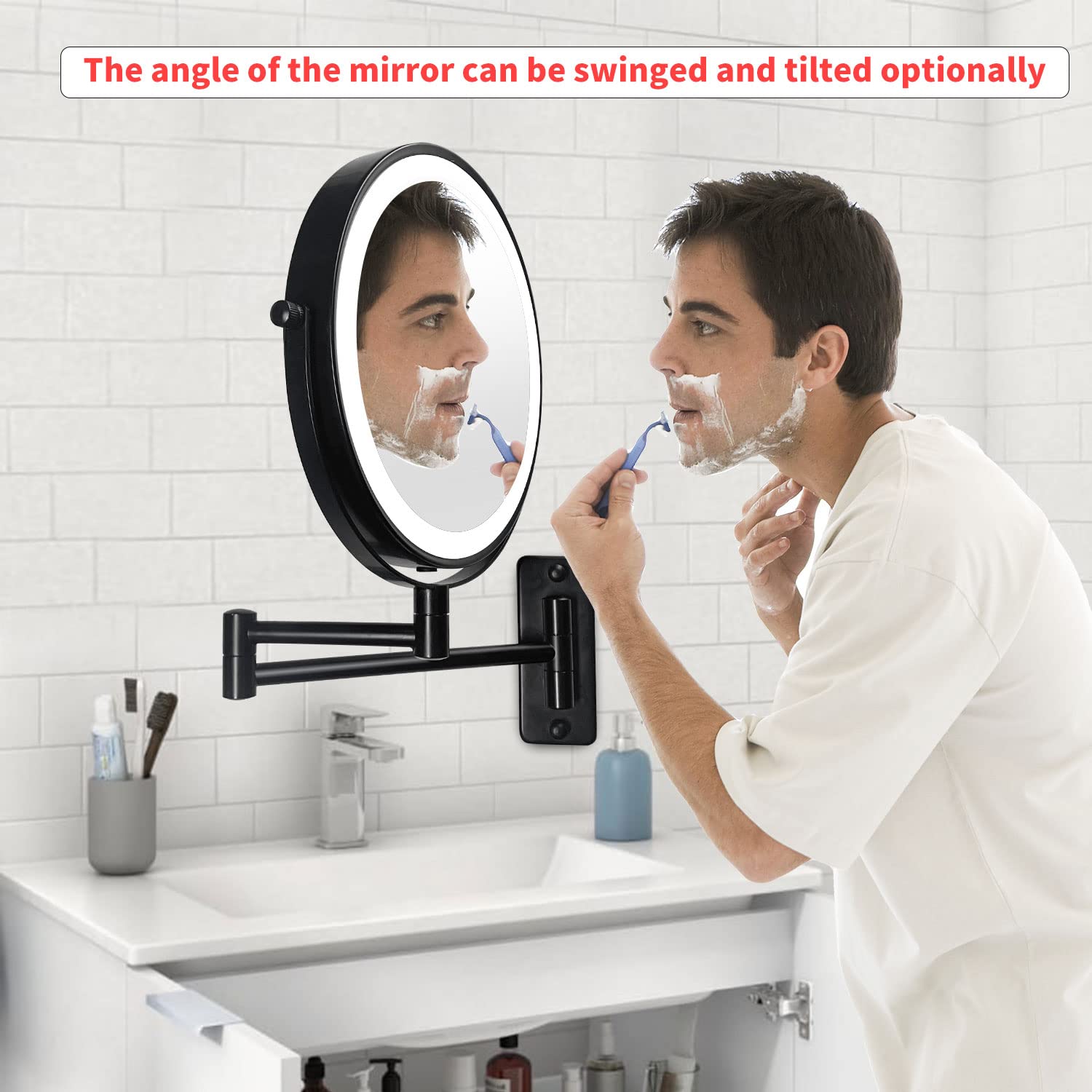 Keilefo Wall Mounted Makeup Mirror 10X Majnifying Mirror LED Light Dimmable Touch Screen, USB Charge, Extendable Double Sided Vanity Mirror 8 Inch, Black