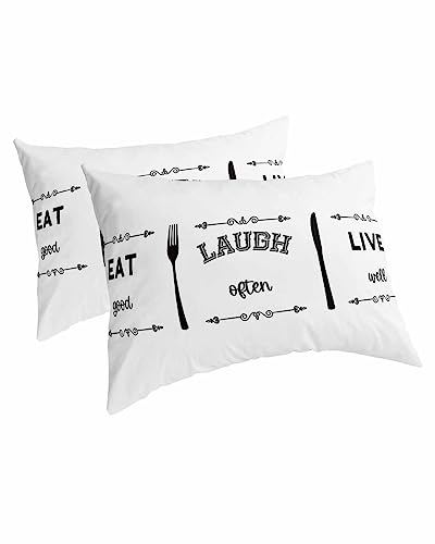 Edwiinsa Black Knife and Fork Eat Laugh Live Pillow Covers Standard Size Set of 2 20x26 Bed Pillow, Rustic White Plush Soft Comfort for Hair/Skin Cooling Pillowcases with Envelop Closure
