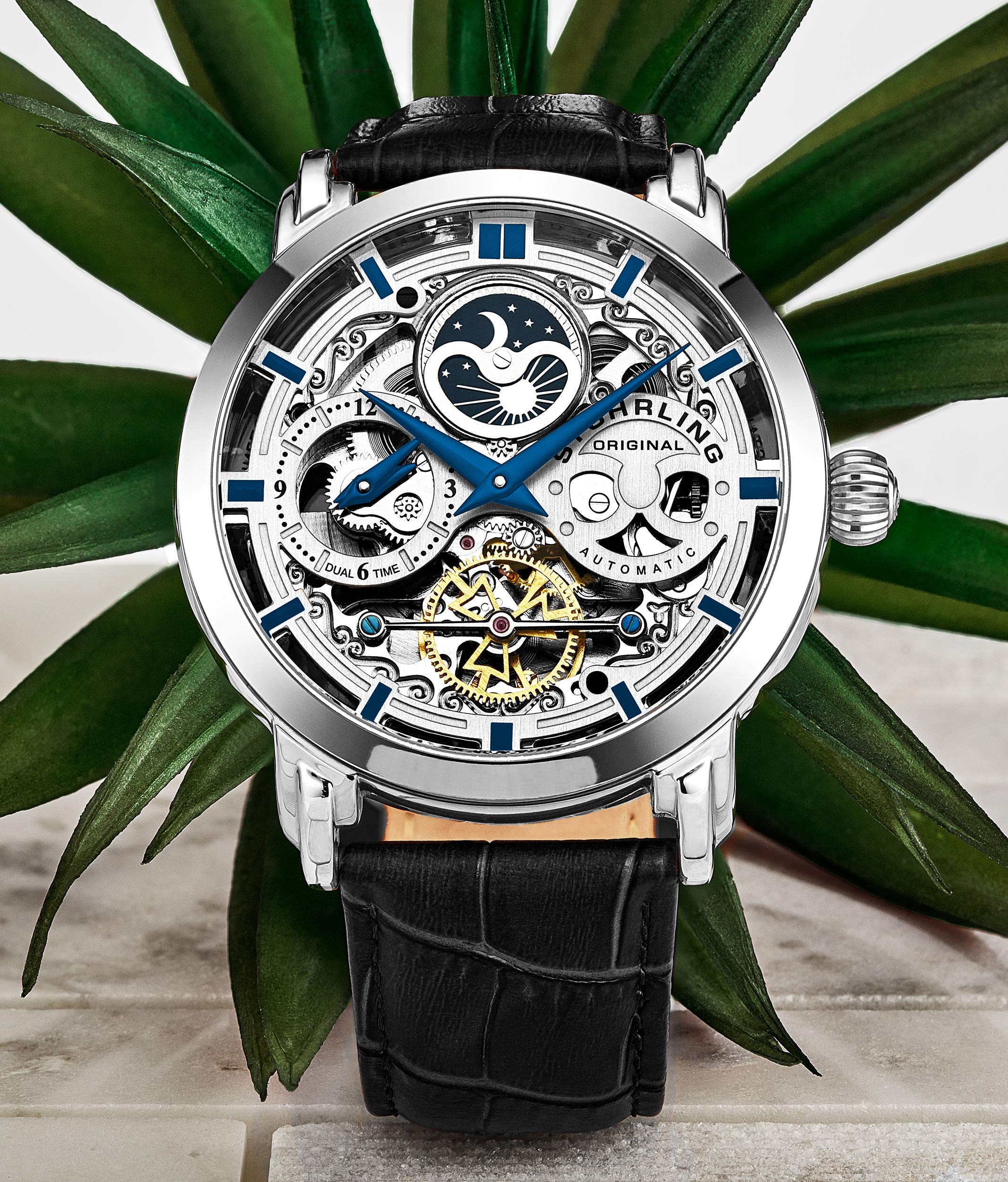 Stuhrling Original Legacy Men's Automatic Watch Stainless Steel 46 MM Case Genuine Leather Strap Watch Black (Silver)