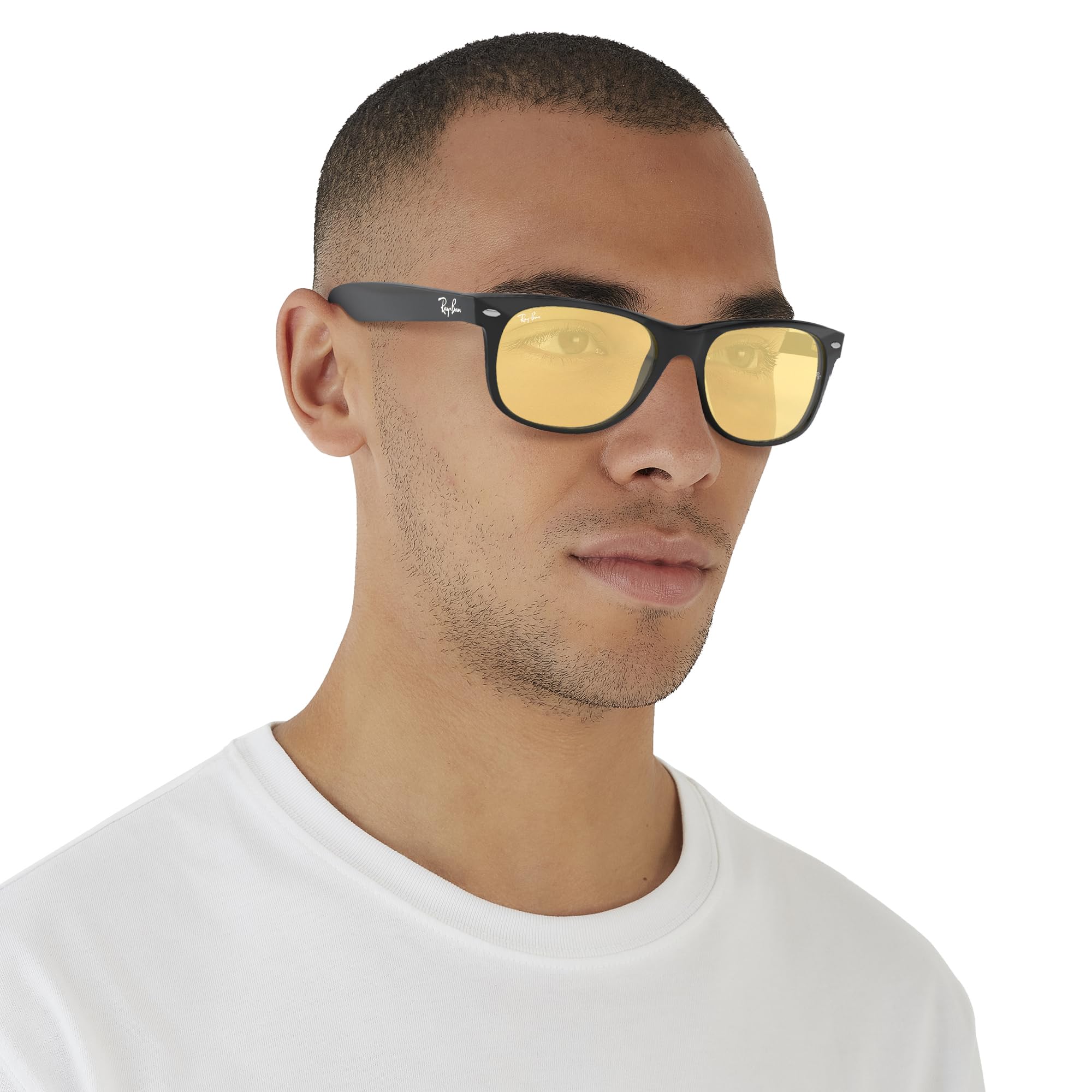 Ray-Ban RB2132F New Wayfarer Low Bridge Fit Square Sunglasses, Black/Yellow, 55 mm
