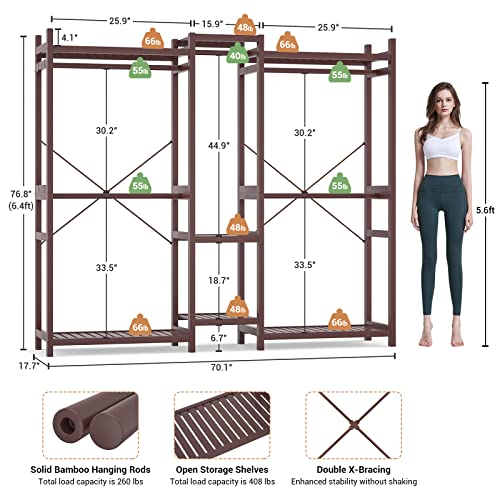 Homykic Bamboo Closet System, Large Clothing Rack Garment Rack for Hanging Clothes, Freestanding Clothes Rack with Shelves and 5 Rods, Stable Open Wardrobe Organizer with 4 Hooks, 70”Wx77”H, Espresso