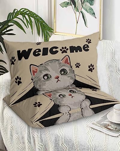 Edwiinsa Funny Cute Cat Pillow Covers Standard Size Set of 2 20x26 Bed Pillow, Black Paws Rustic Retro Beige Plush Soft Comfort for Hair/Skin Cooling Pillowcases with Envelop Closure