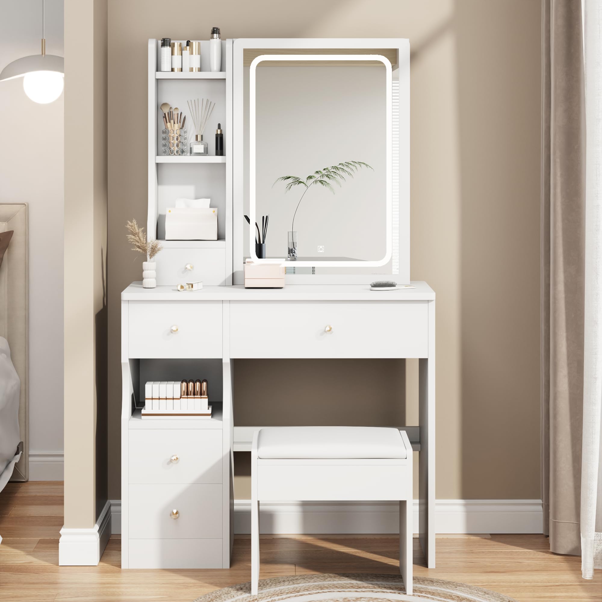 Elevon Small Makeup Vanity Desk with Sliding Mirror LED 3 Lighting Adjustable, Vanity Table Set with 5 Storage Drawer & Chair & Shelves Bedroom Furniture, White