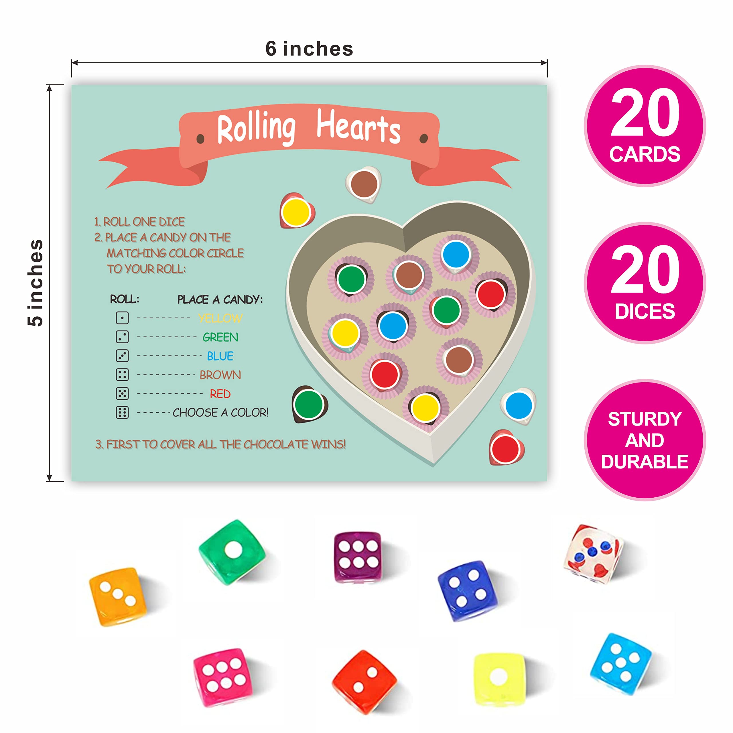 DYIRBIIY 5" x 6" Easter Party Kids Table Game | Rolling Hearts Roll The Dice Game| Easter Dice Game for Kids | 20 Play Cards 20 Colored Dices -TZYX-A02