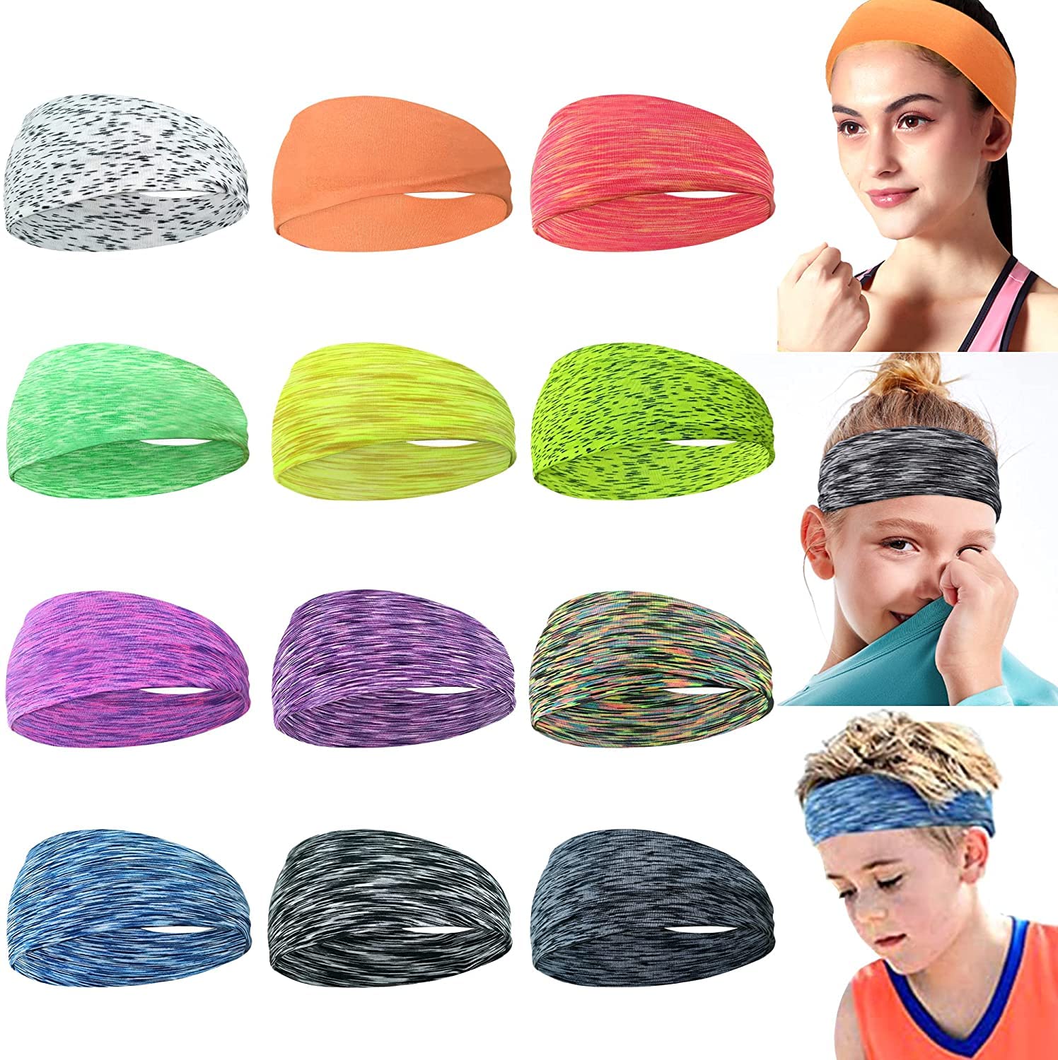 CĂLLOT 12 Colors Sweat Headbands Breathable Athletic Sweatbands Yoga Sports Headbands for Girls and Boys Soft Moisture Wicking Elastic Hairband for Girls and Teenagers Adults