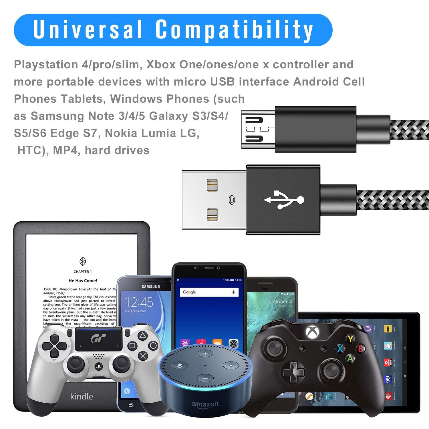 Charger Cable for PS4 Controller โ 2 Pack 10FT Nylon Braided Micro USB 2.0 Charge and Play Data Sync Charging Cord for Playstation 4, dualshock 4, Xbox One S/X Controller, Samsung, Android Phones