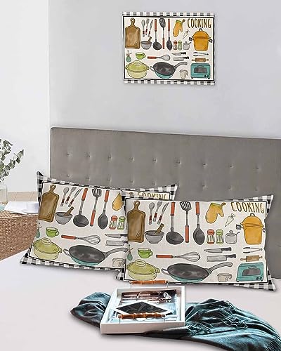 Edwiinsa Kitchen Cooking Pillow Covers Standard Size Set of 2 20x26 Bed Pillow, Farmhouse Rutsic Black Plaid Burlap Plush Soft Comfort for Hair/Skin Cooling Pillowcases with Envelop Closure