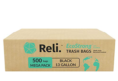 Reli. EcoStrong 13 Gallon Trash Bags | 500 Count Bulk | Black | Eco-Friendly | Made from Recycled Material