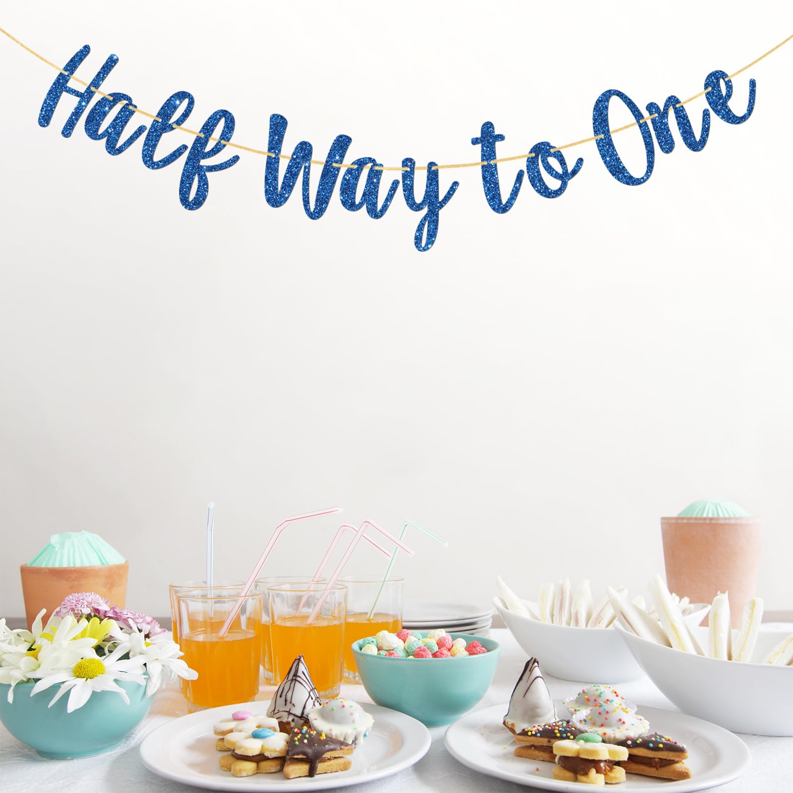 Halodete Half Way to One Banner, Baby 6 Months Banner, Baby Shower, Half 1/2 Birthday Party Garland Bunting Decorations - Blue Glitter