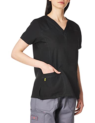 WonderWink Womens Four -Way Stretch Sporty V-Neck Top Medical Scrubs Shirts, Black, X-Large US