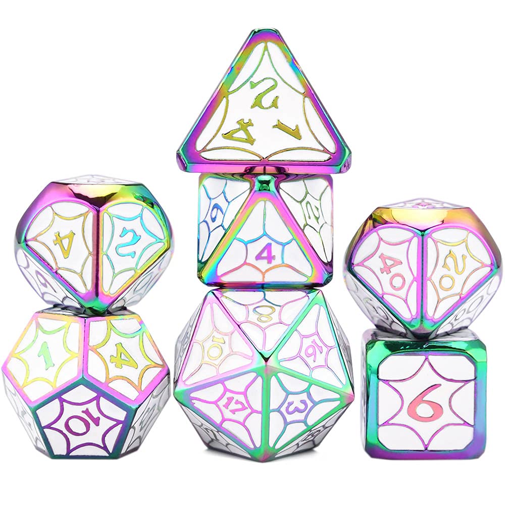 SUWEILE SZSZ Nebula Metal Polyhedral Dice Set D4 D6 D8 D10 D% D12 D20 for Table Games RPG DND 0212 (Color : White Rainbow8)