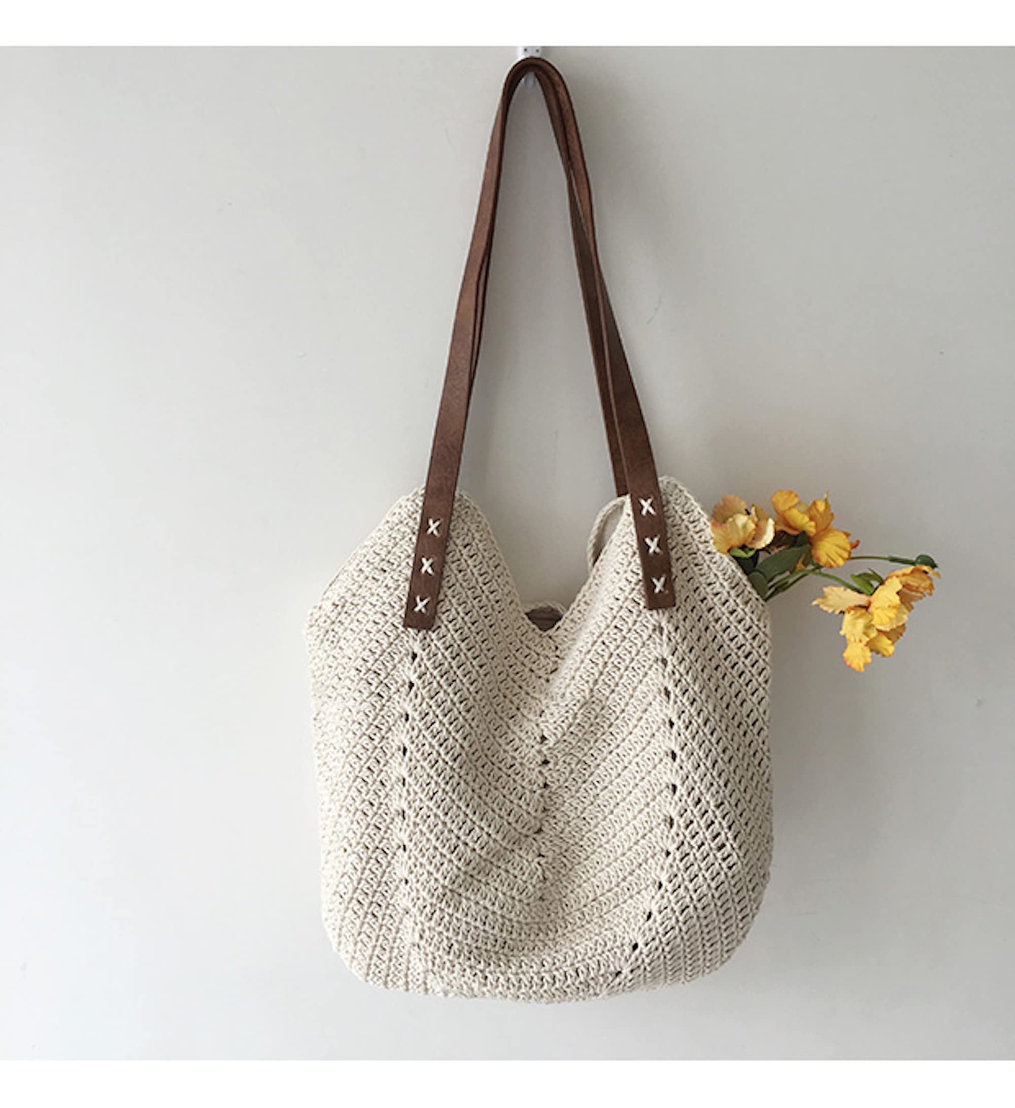 Elena Handbags Retro Cotton Knitted Shoulder Bag with Leather Strap (White)