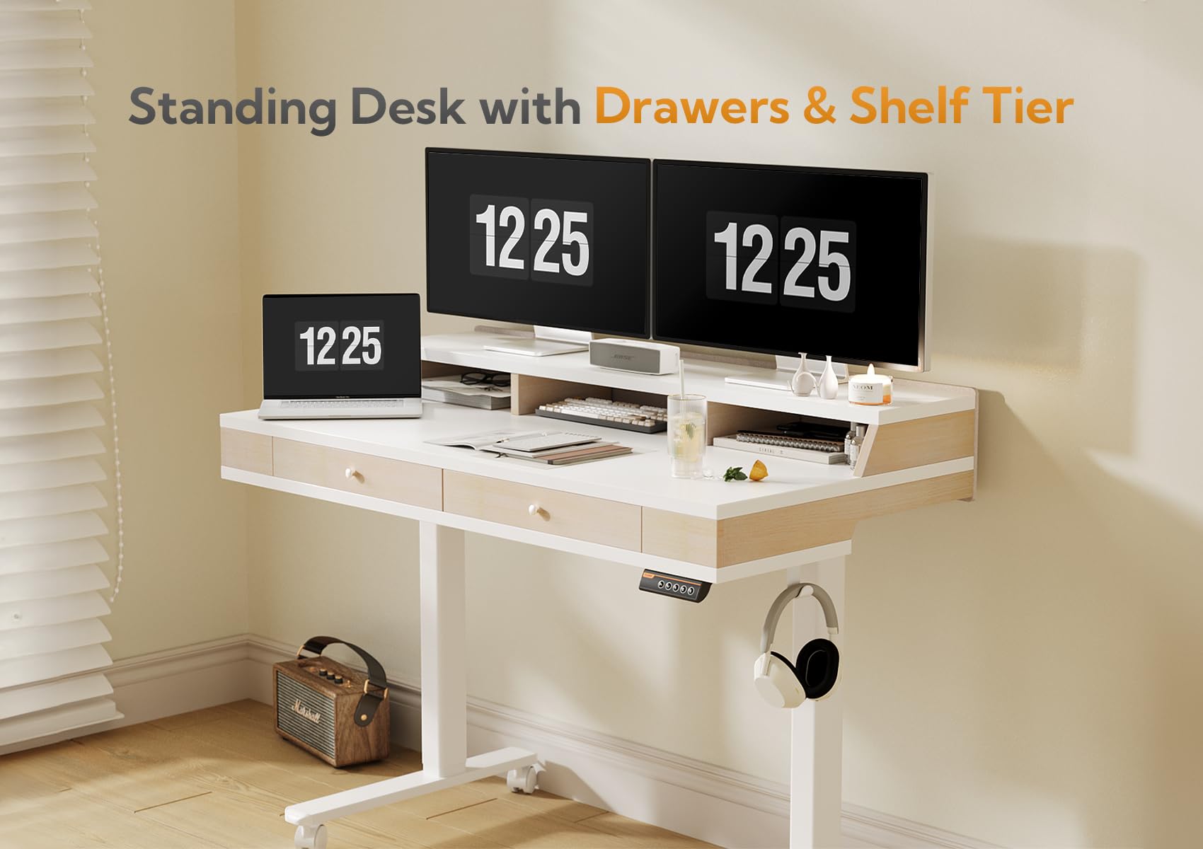 Claiks Standing Desk with Drawers, Electric Adjustable Standing Desk Adjustable Height, Sit Stand Up Desk with Storage Shelves & Wheels, 48 Inch White