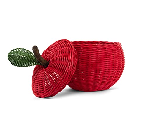 G6 COLLECTION Apple Rattan Storage Basket with Lid Decorative Bin Home Decor Hand Woven Shelf Organizer Cute Handmade Handcrafted Gift Art Decoration Artwork Wicker Apple (Large)