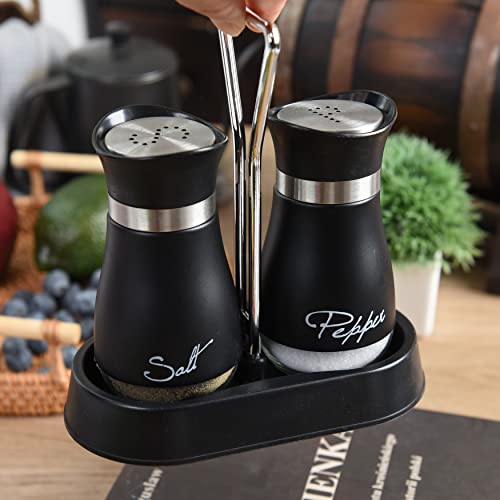 Wartter 2 PCS - Stainless Steel and Glass Salt and Pepper Shaker Sets with Holder (BLACK)