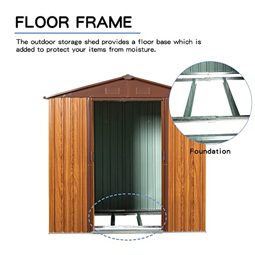 SUNDALY 6 x 6 FT Wood Look Outdoor Storage Shed with Lockable Door, Waterproof Galvanized Steel Garden Tool Storage Shed with Floor Frame for Backyard Patio Lawn