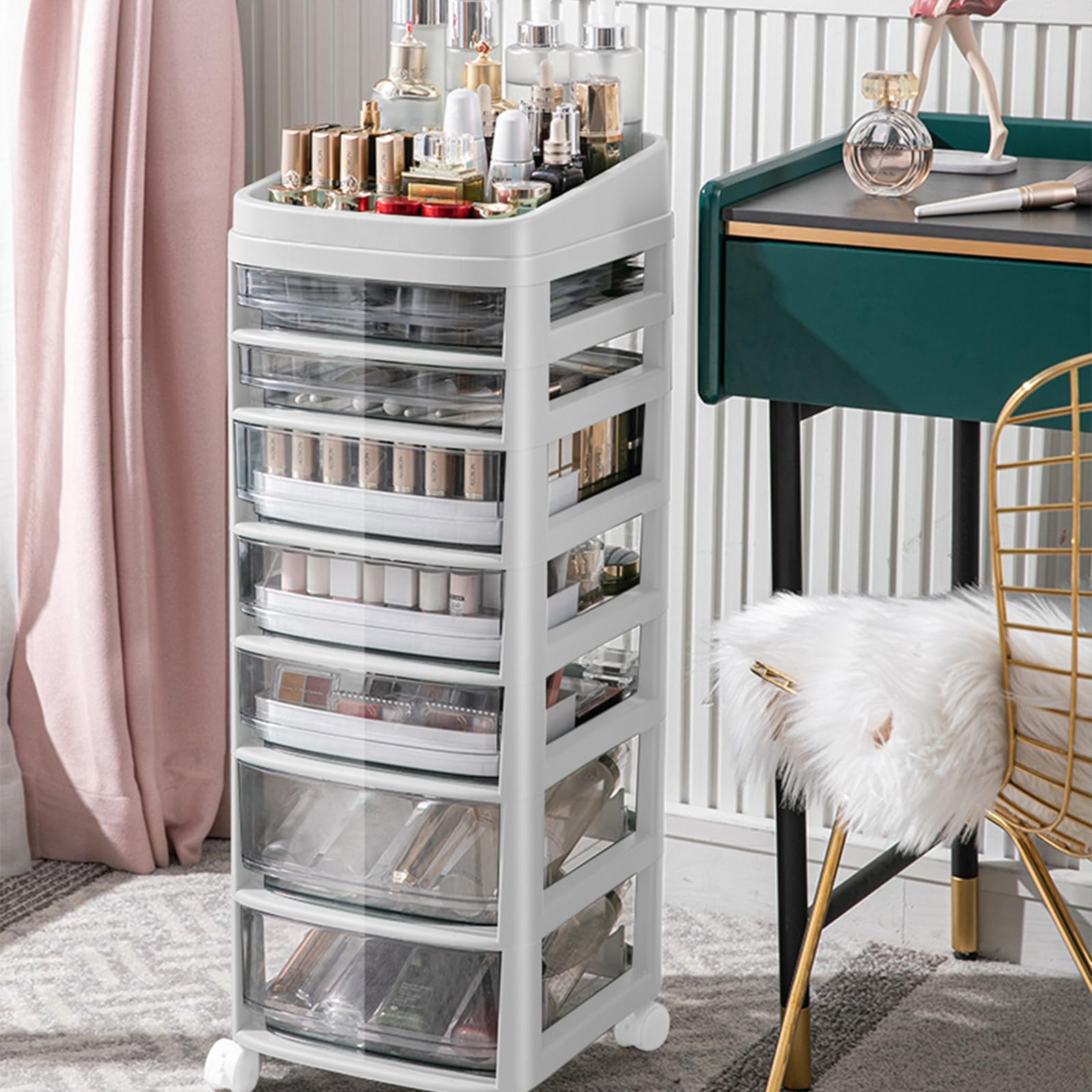 HamRoRung Makeup Storage Organizer with Drawers, Put 35 Lipstick, 18 Eyeshadow and 20 Brushes, Makeup Storage Cabinet, Floor Makeup Organizer with Wheels for Bedroom, Bathroom, Near the Vanity