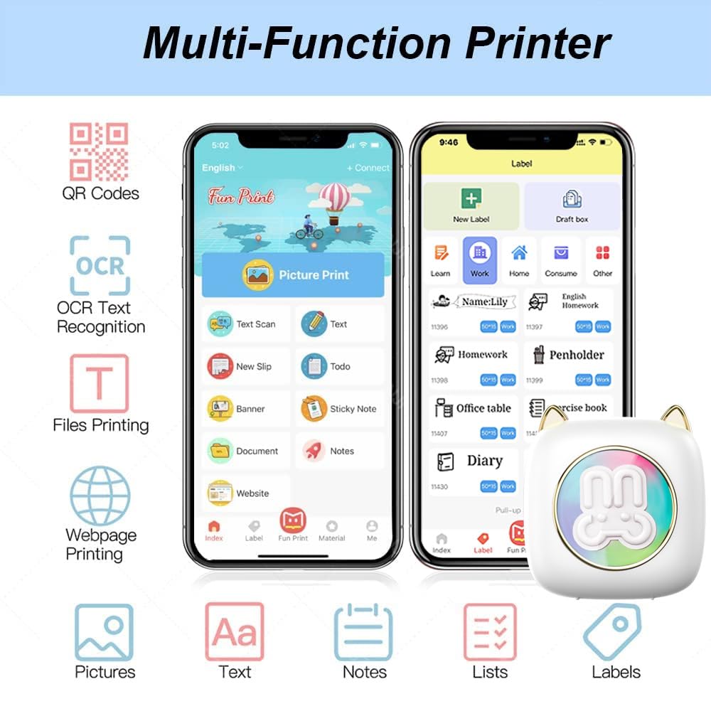 HASDSAGY Mini Portable Printer, Bluetooth Smart Pocket Inkless Sticker Printer with 10 Roll Papers, Wireless Thermal Printer Compatible iOS & Android for Study, Journal, Memo, Travel (Bunny)