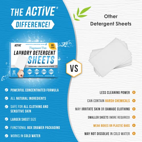 Laundry Detergent Sheets Eco Washing Strips - 80 Loads Package, Free & Clear Liquidless Clothes Washer Sheet, Zero Waste Travel Laundry Strip, Dissolvable Space Saving Sheets For HE - Fragrance Free