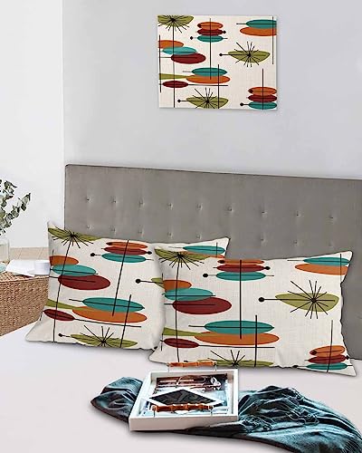 Edwiinsa Teal Red Orange Pillow Covers Standard Size Set of 2 20x26 Bed Pillow, Middle Century Geometric Abstract Art Burlap Plush Soft Comfort for Hair/Skin Cooling Pillowcases with Envelop Closure