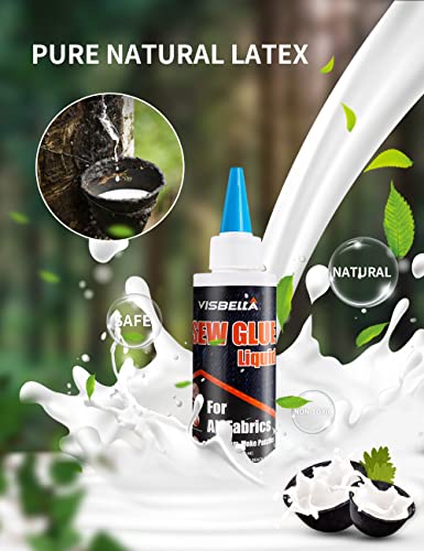 Visbella 1 Min Fast Drying Liquid Stitch Fabric Adhesive Glue Strong Bond Clear Drying Waterproof Sew Glue Permanent Washable for Repair, Make Patches on Clothes, Denim, Leather, Flannel, All Fabrics