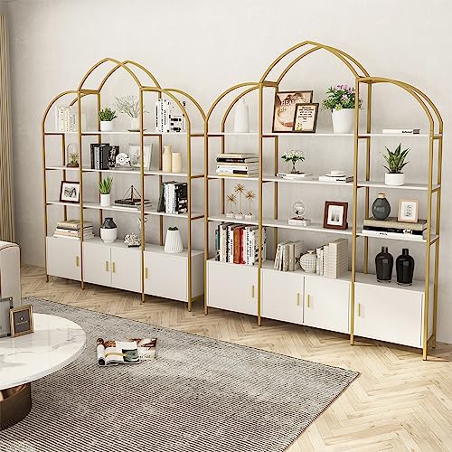 Semoic Triple Wide 5-Tier Gold Bookshelf, 70.87" L x 86.61" H Extra Bookcase with Storage Cabinet, Modern Etagere Bookcase Tall Open Display Shelf for Home Office, Gold&White