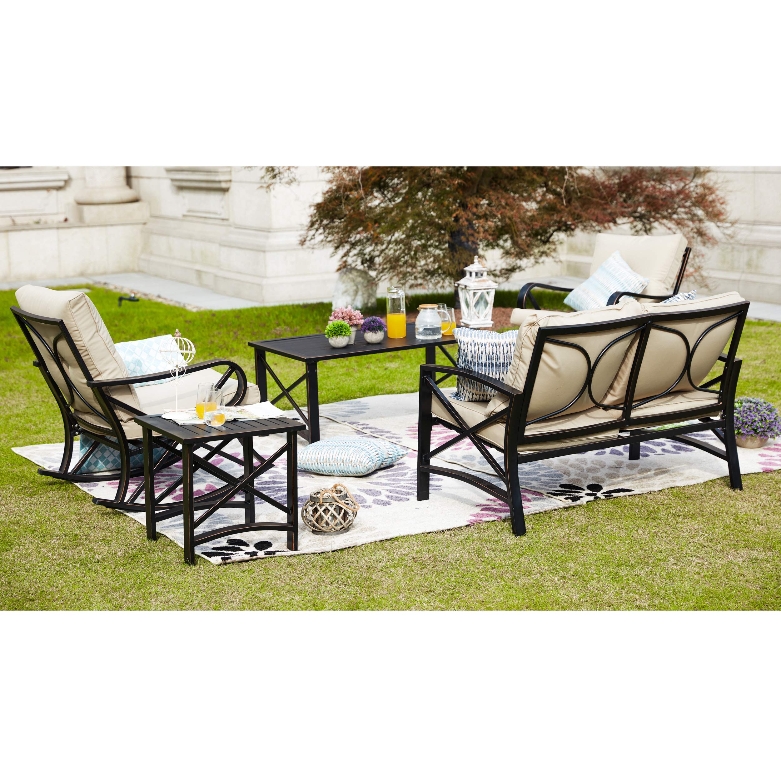 LOKATSE HOME 5Pcs Patio Furniture Conversation Bistro Sets Loveseat and 2 Coffee Table, Khaki