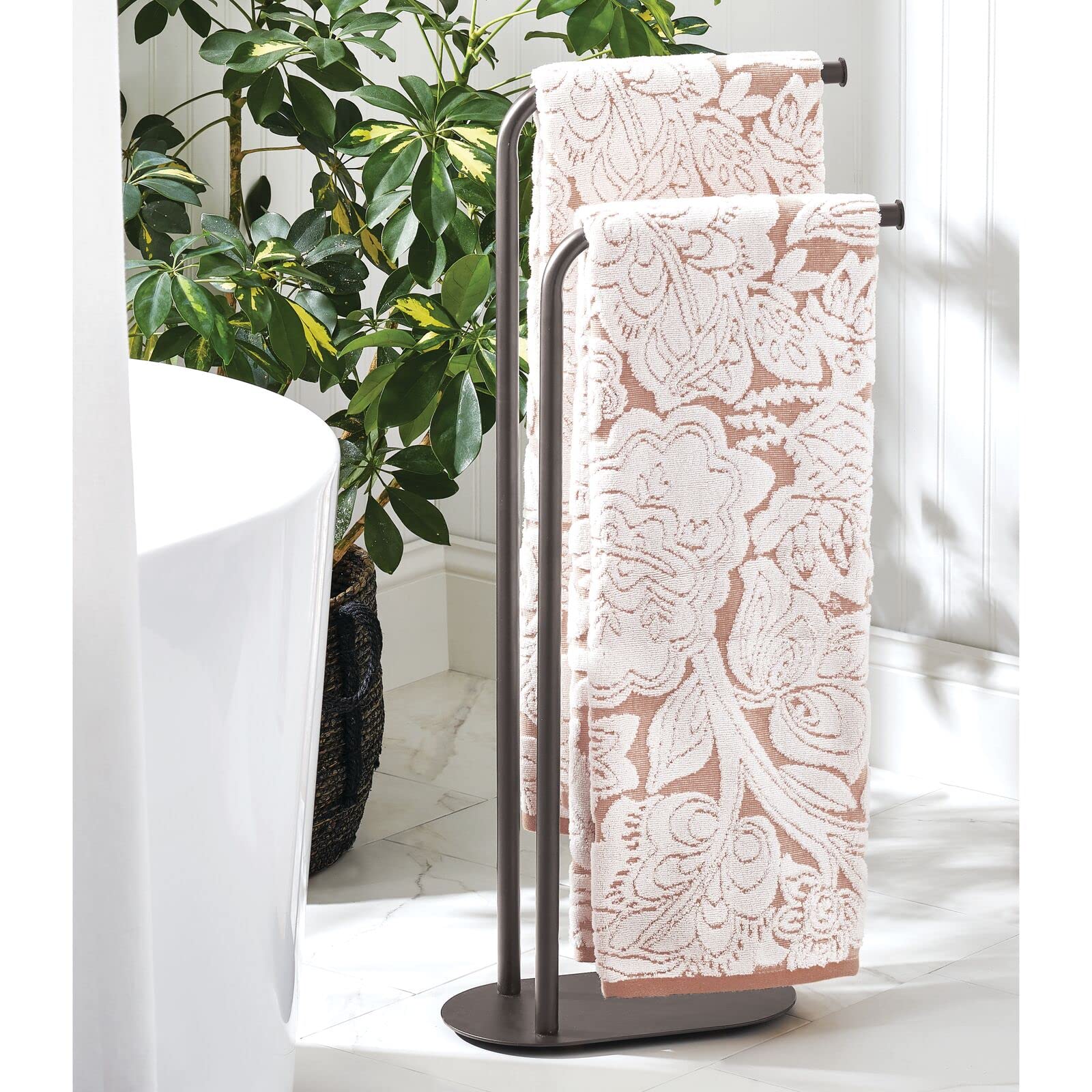 mDesign Tall Stainless Freestanding Towel Rack Holder - 2 Tier Minimalist Pedestal Hanger Holders for Kitchen and Bathroom - Racks for Bath, Hand, Dish, and Tea Towels or Washcloths - Bronze
