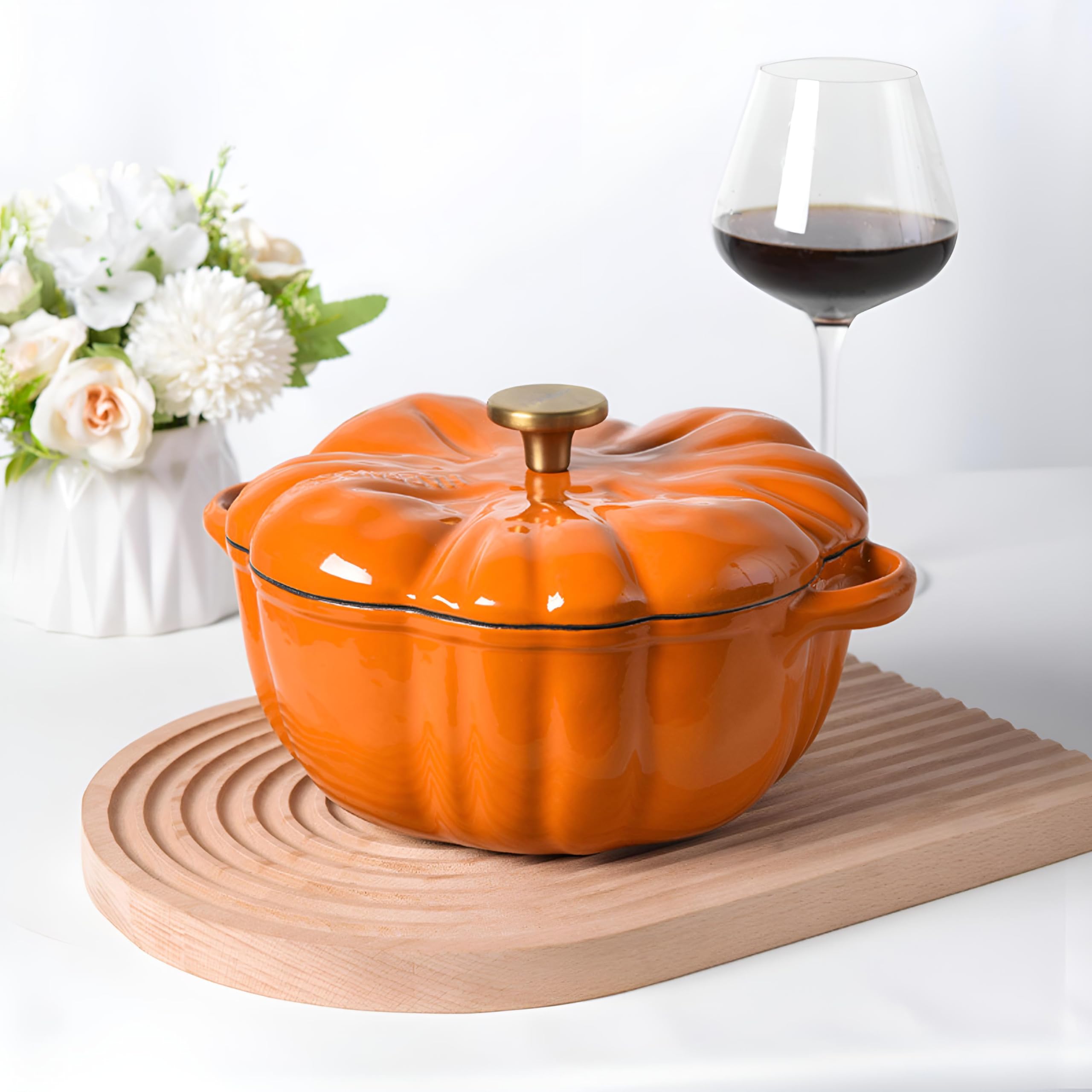 Enameled Cast Iron Dutch Oven with Lid, 1.5 qt Pumpkin Shaped Pot for Versatile Cooking,Pumpkin Dish with Big Dual Handles,Oven & Stove Safe (Orange)