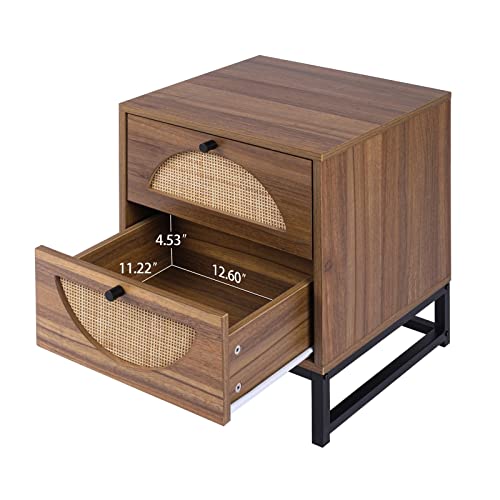SeokIljin Rattan Nightstand,2 Drawer Side Table,Metal Legs,Bottom Hollow-Out Design,Easy Cleaning,Display Rack for Bedroom and Living Room