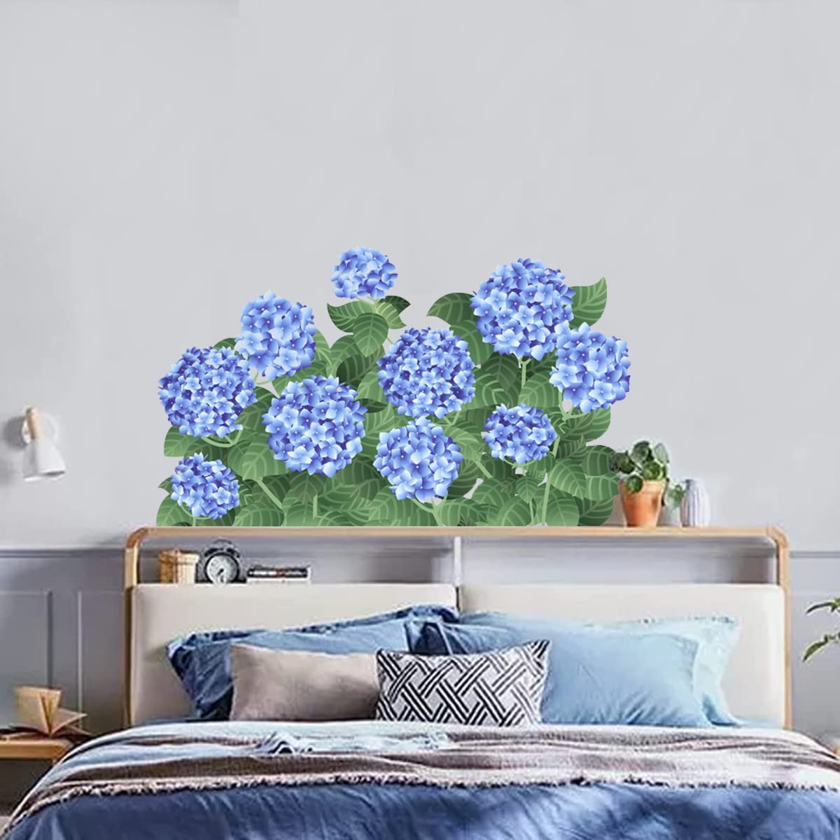 Maydahui Blue Hydrangea Flower Wall Decals Green Leaf Floral Wall Stickers (21.6x35.4 Inch) Removable Peel and Stick Art Murals Decor for Kids Bedroom Living Room TV Sofa Headboard Background
