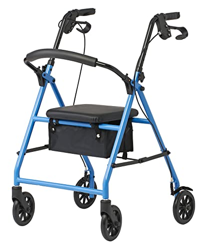 Medline Mobility Lightweight Folding Steel Rollator Walker with 6-inch Wheels, Adjustable Seat and Arms, Light Blue