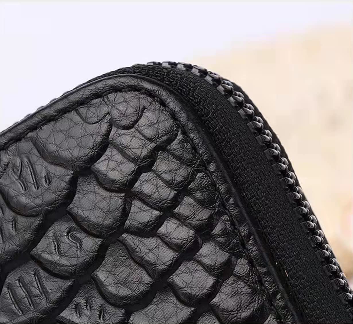 ZHSH Small Rfid Blocking Full-grain Leather Wallet, Zipper Credit Card Holders, ID Case Organizer Purse (Black/Embossed crocodile)