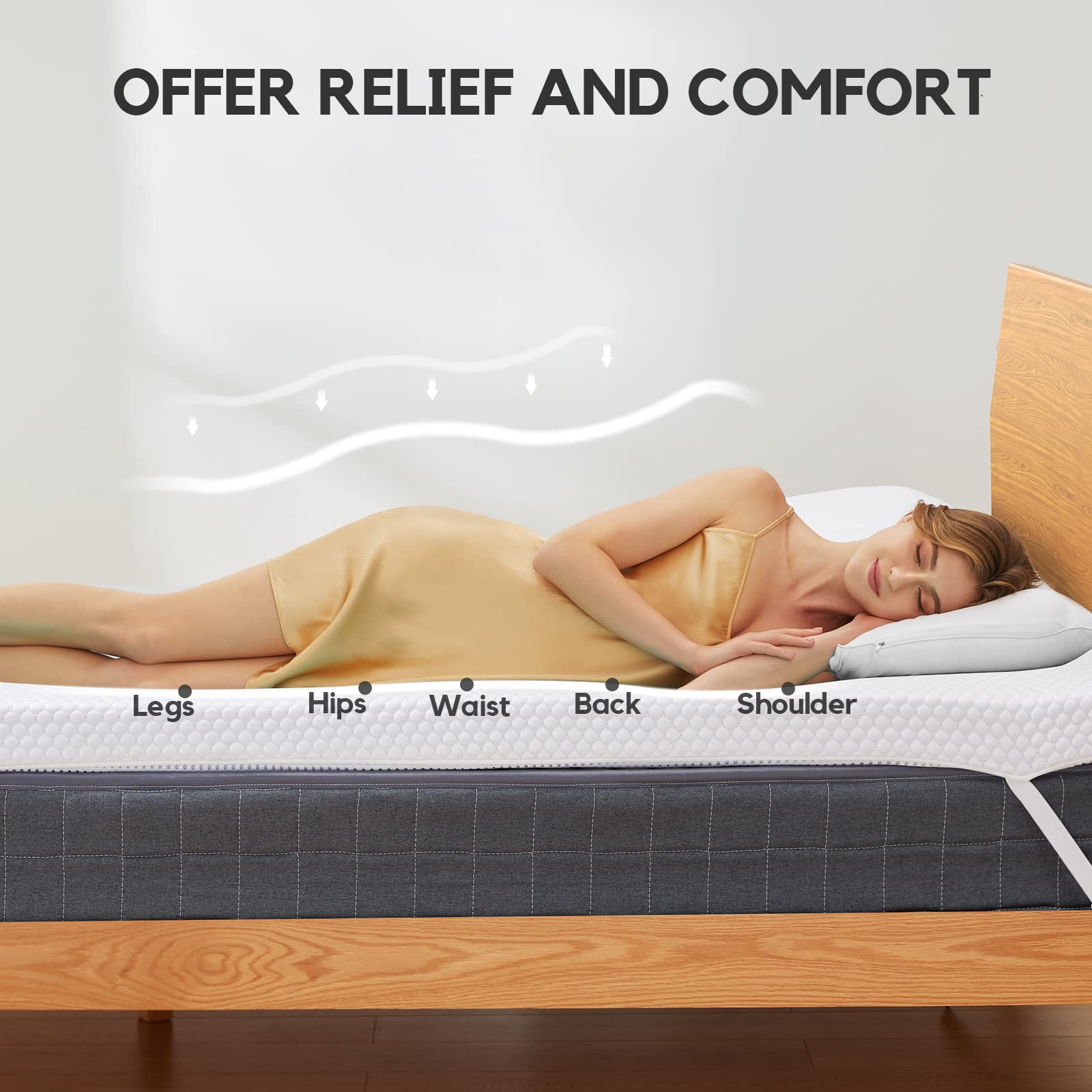 Marsail 3 Inch Gel Memory Foam Mattress Topper for Cooling Sleep, Premium Bed Topper with Non-Slip Removable Soft Cover, CertiPUR-US Certified, Queen White