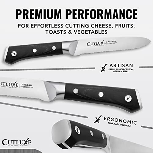 Cutluxe Serrated Kitchen Utility Knife, 5" Tomato Knife β Forged High Carbon German Steel β Full Tang & Razor Sharp β Ergonomic Handle Design β Artisan Series