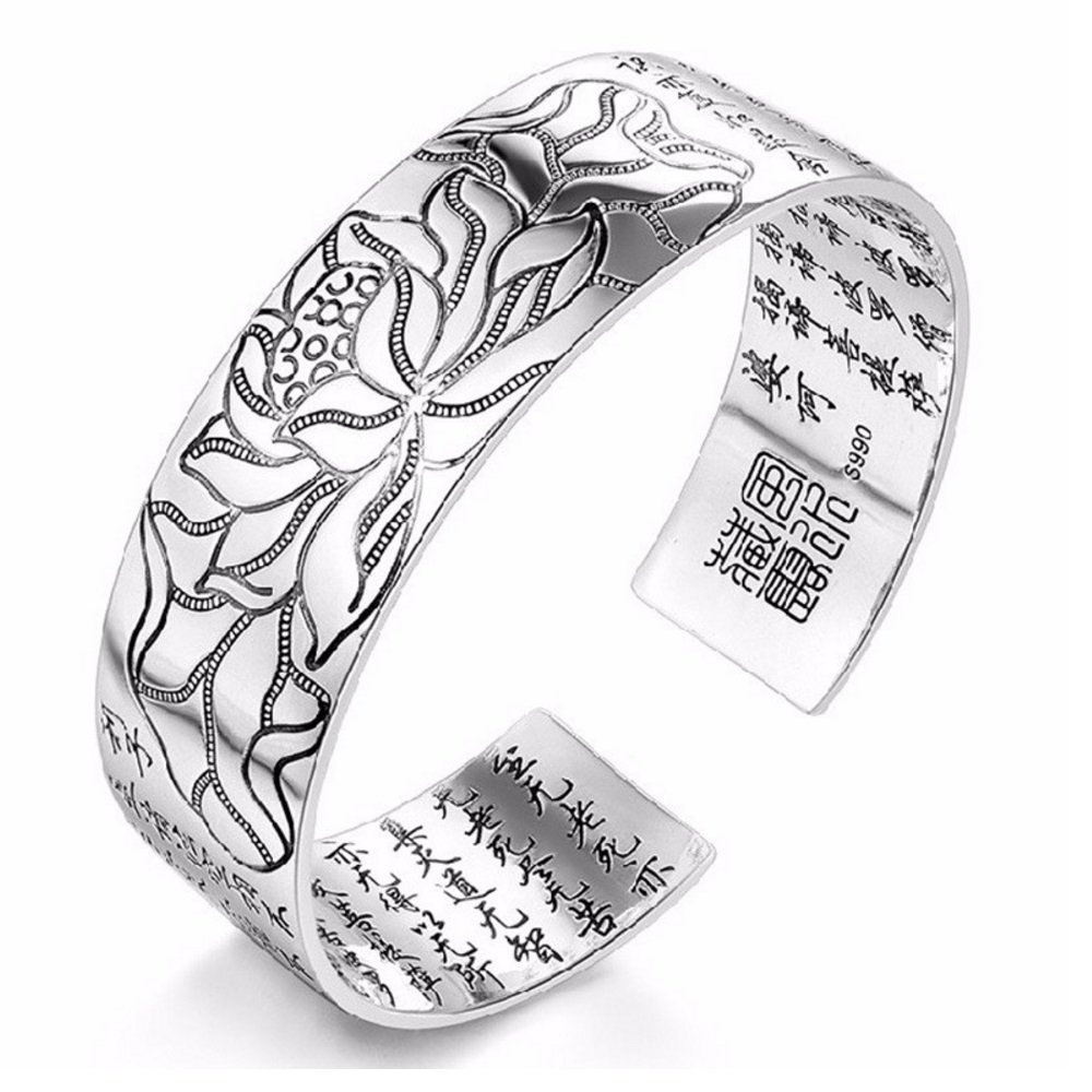 Chandria's Treasures Sterling Silver Lotus Flower Sutra Bangle Bracelet - Holiday Sale