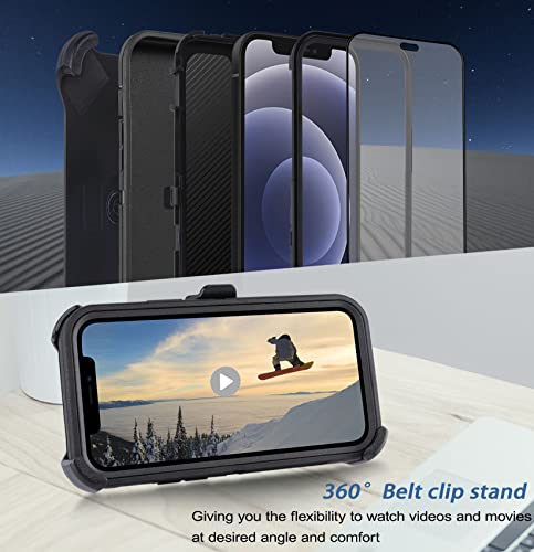 GYJ for iPhone 12/for iPhone 12 Pro Case 6.1" Belt-Clip Kickstand Holster with 2 Screen Protector,Full Body Rugged Heavy Duty Military Grade Shockproof/Drop Protection Cover (Black+Clip)
